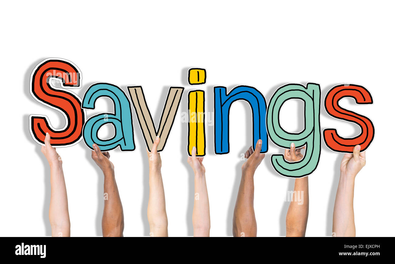 Multiethnic Group of Hands Holding Word Savings Stock Photo - Alamy