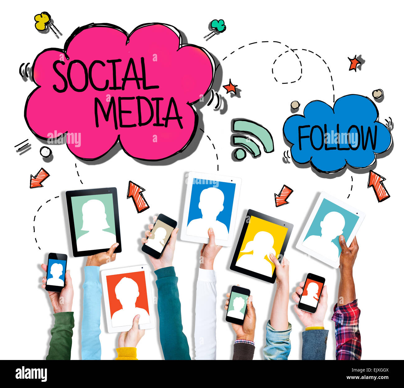 Group of Hands Holding Digital Devices with Social Media Concept Stock ...