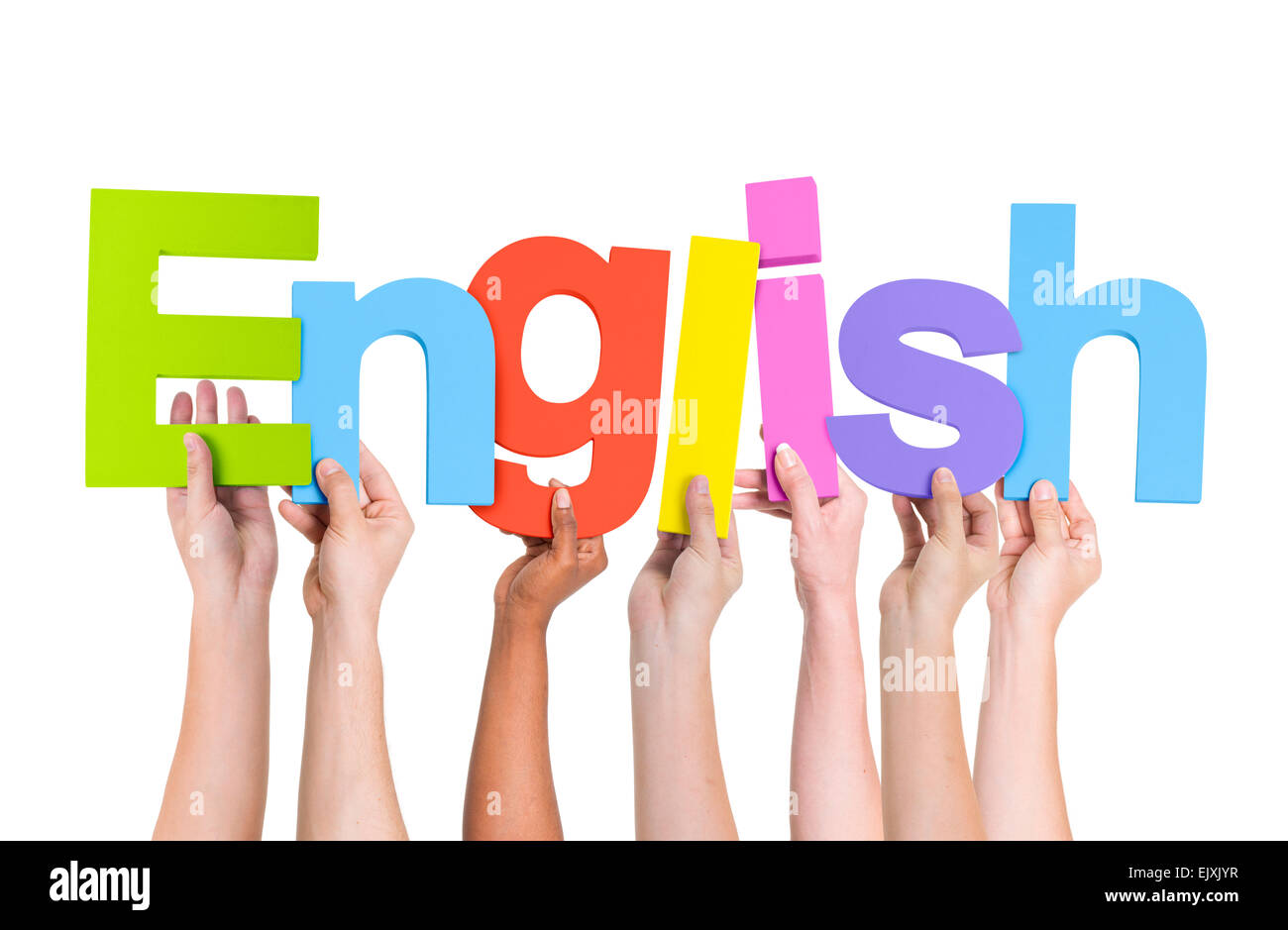 Multi-Ethnic Group Of People's Arms Raised Holding Letters That Form ...