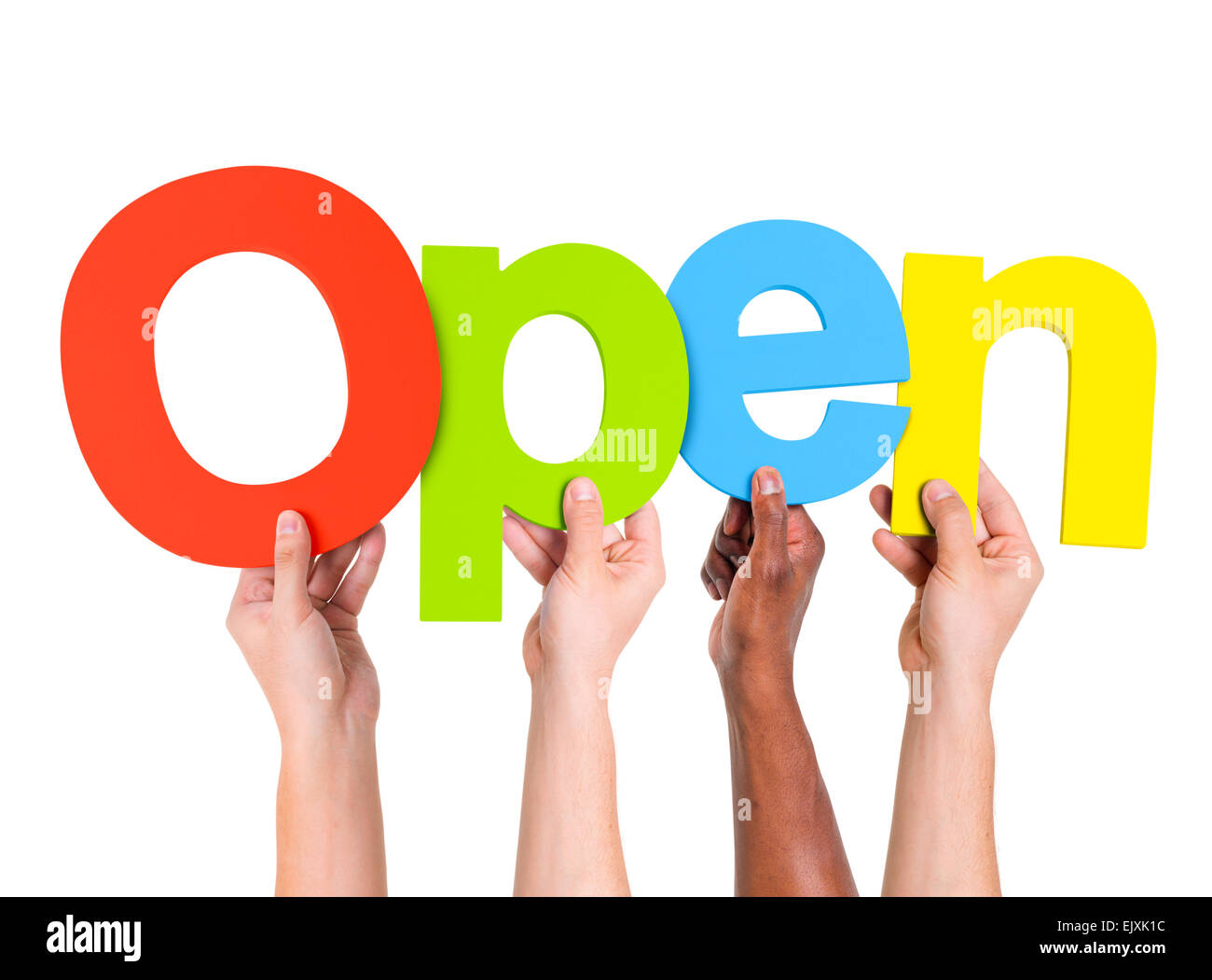 Multi-Ethnic Group Of People Holding The Word Open Stock Photo - Alamy