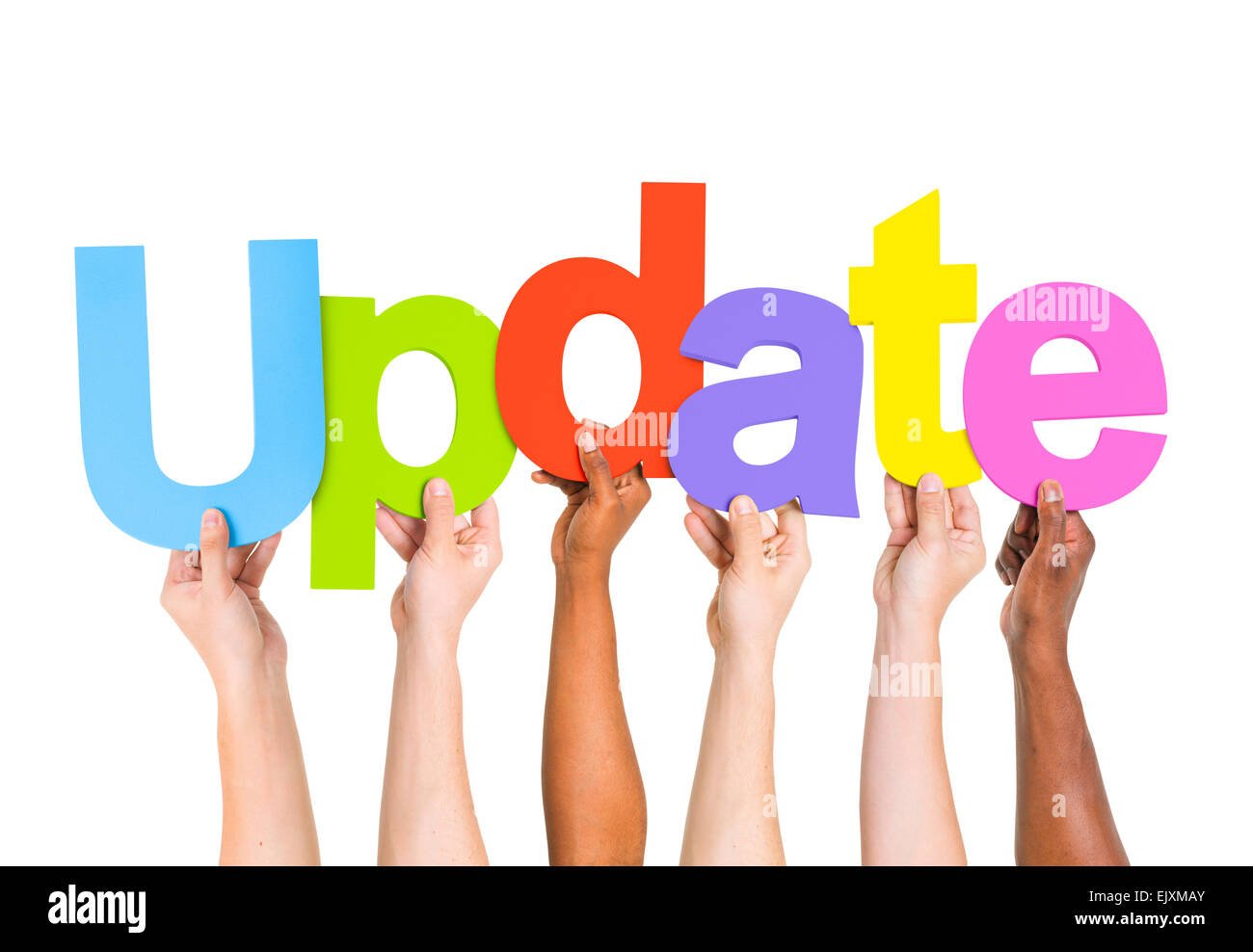 Multi-Ethnic Group Of People's Arms Raised Holding Letters That Form ...