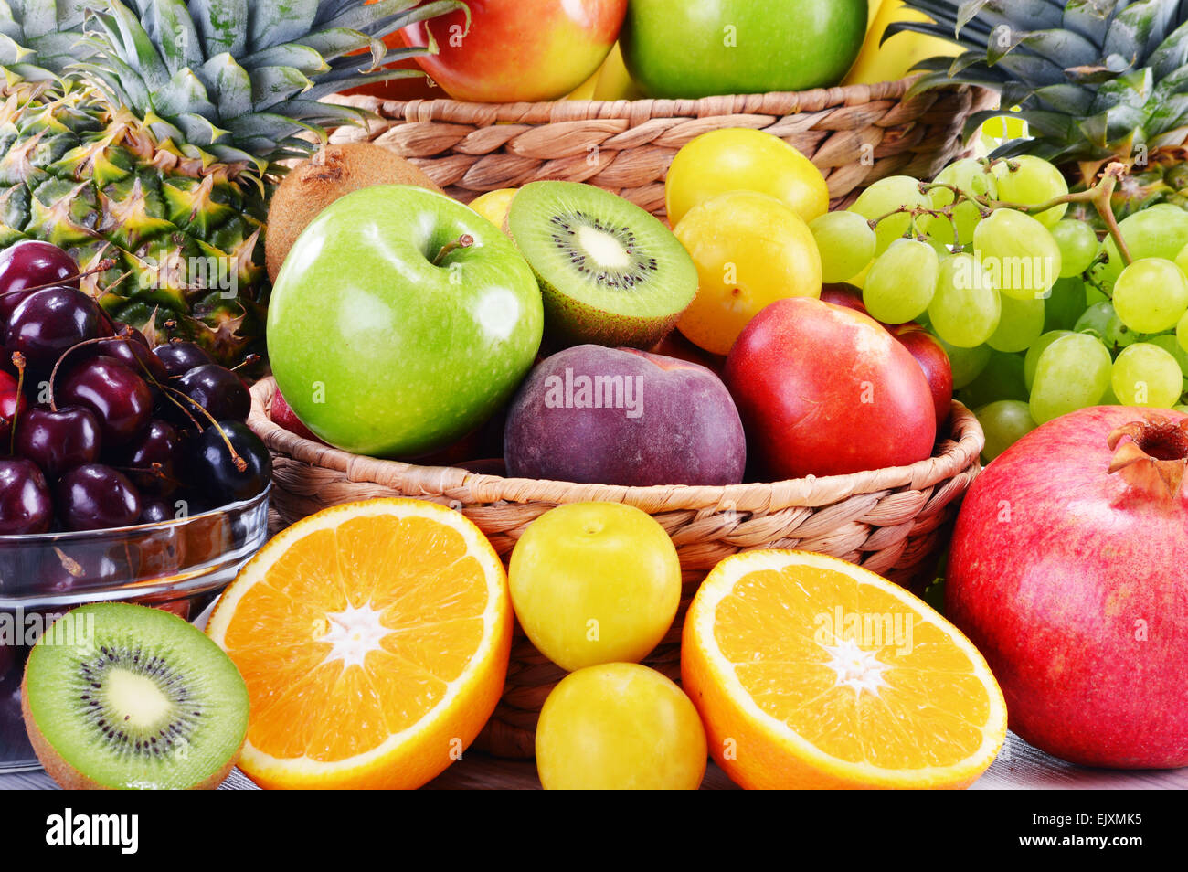 Composition with variety of fresh fruits. Balanced diet Stock Photo - Alamy