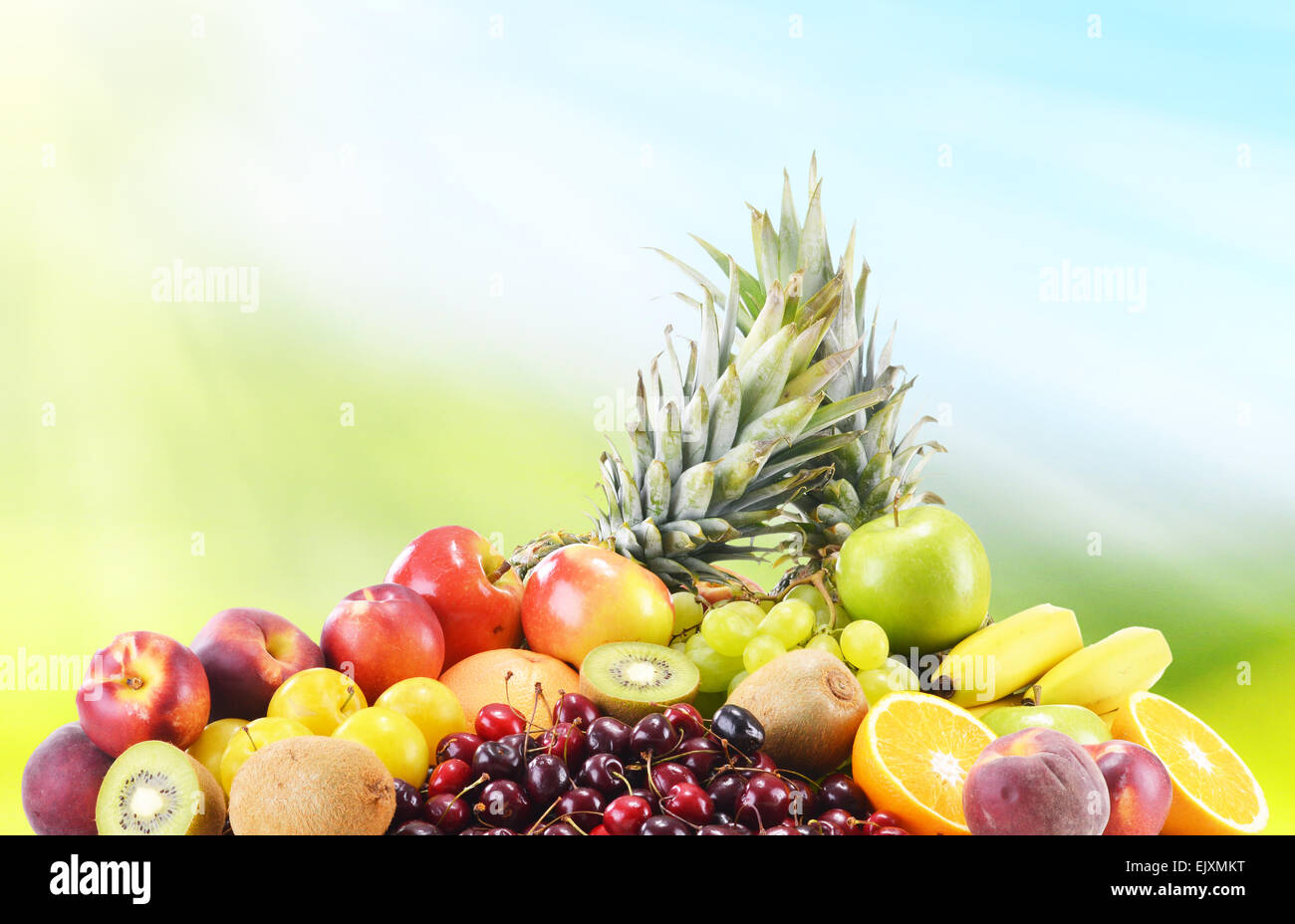 Composition with variety of fresh fruits. Balanced diet Stock Photo - Alamy