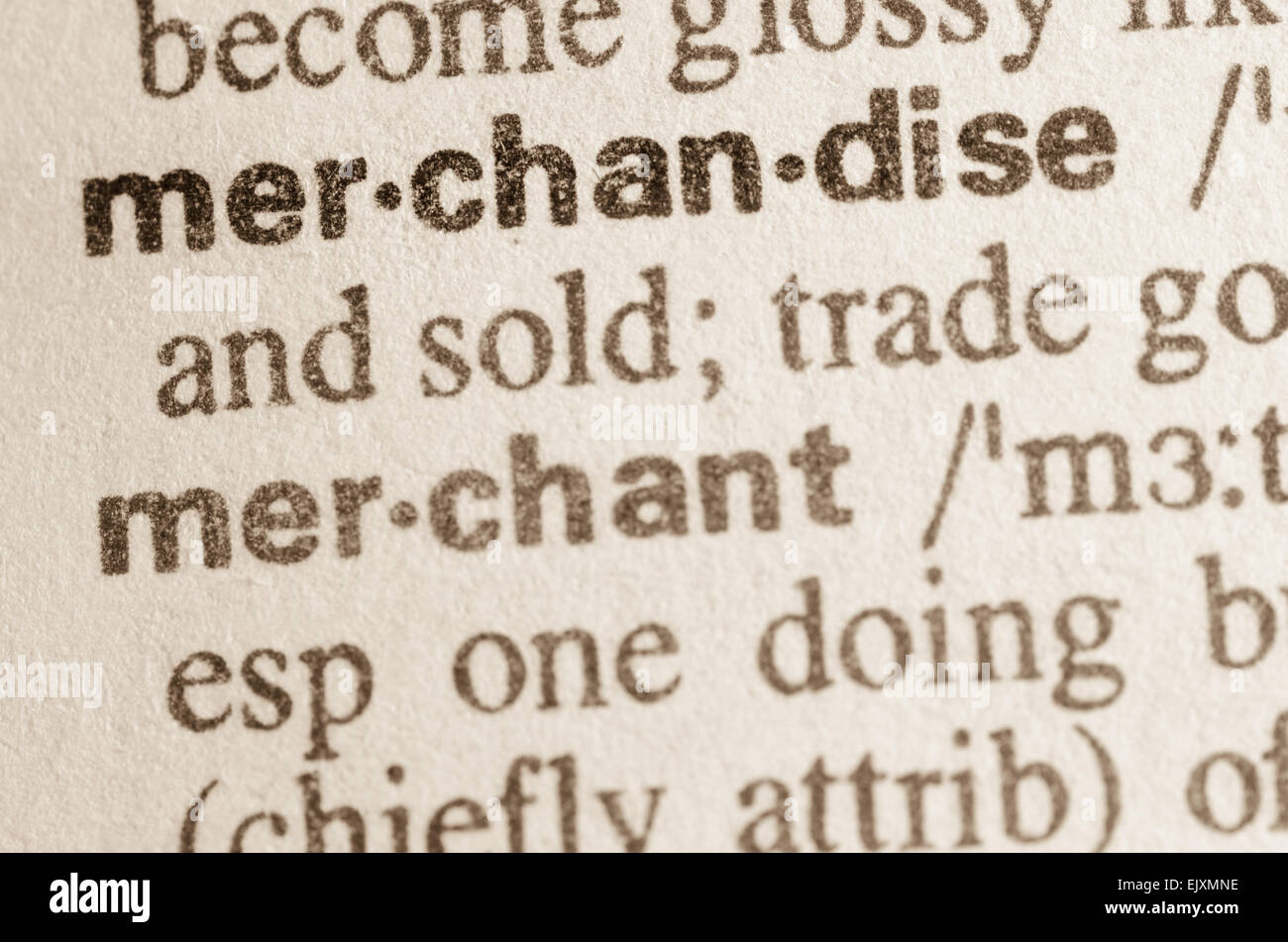 Definition of word merchandise in dictionary Stock Photo - Alamy