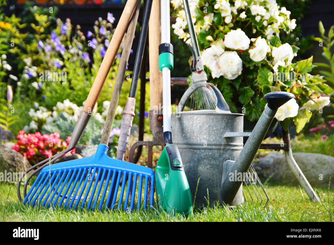 Watering can and tools in the garden Stock Photo - Alamy
