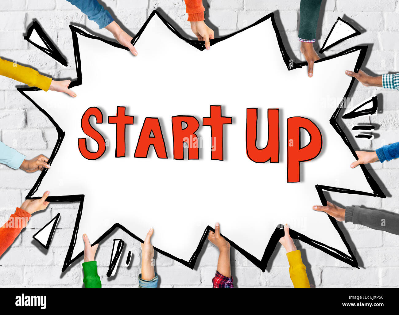 Diverse Hands Holding the Word Start Up Stock Photo - Alamy