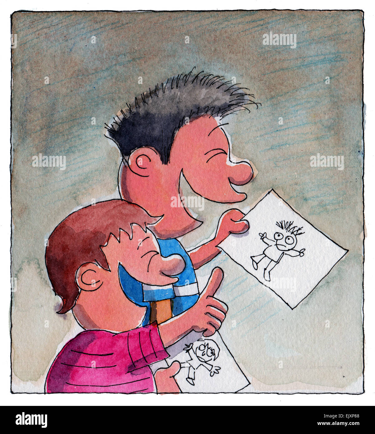 Two boys looking at drawings Stock Photo - Alamy