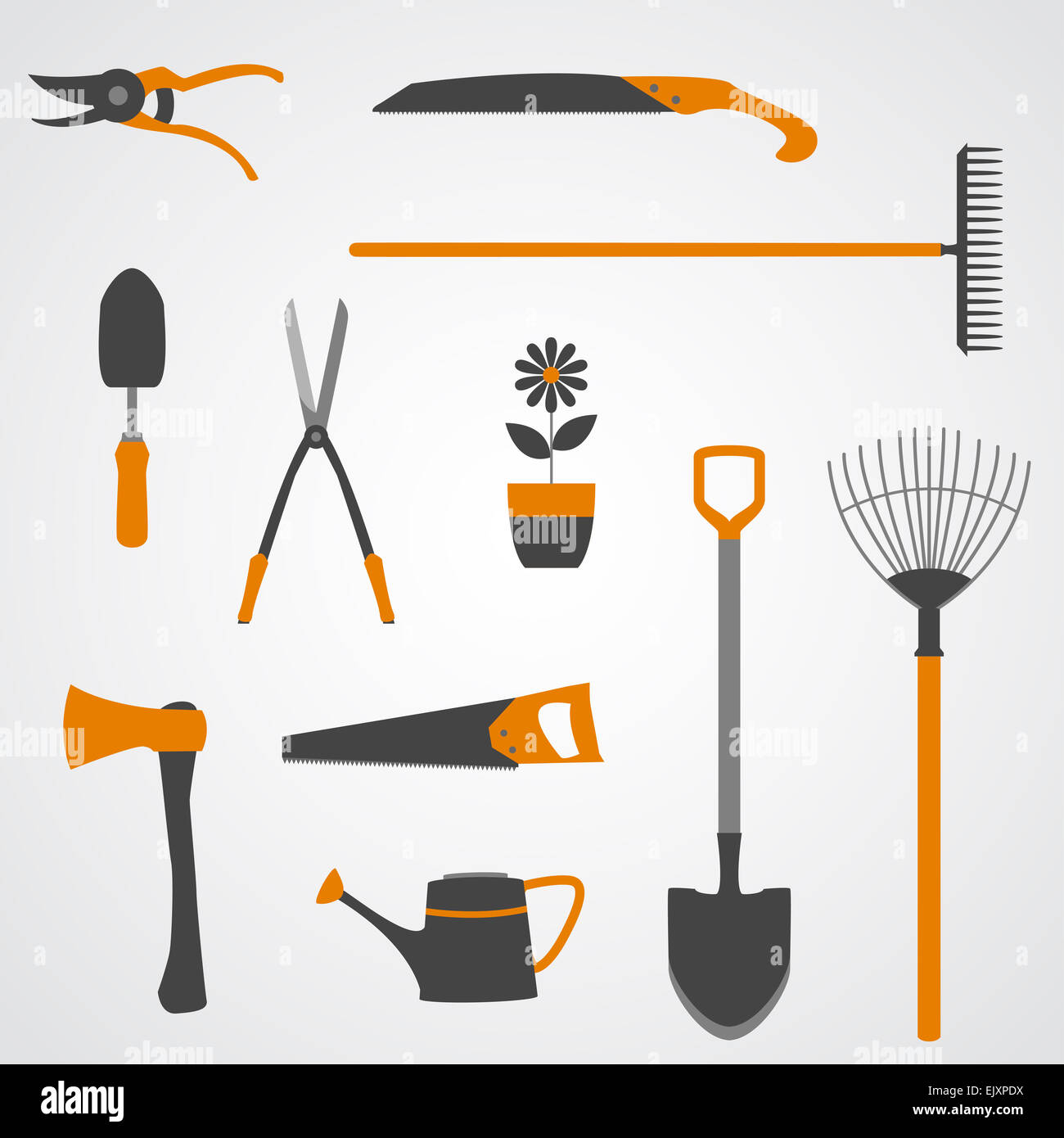Set of yellow and grey vector icons of garden tools Stock Photo - Alamy
