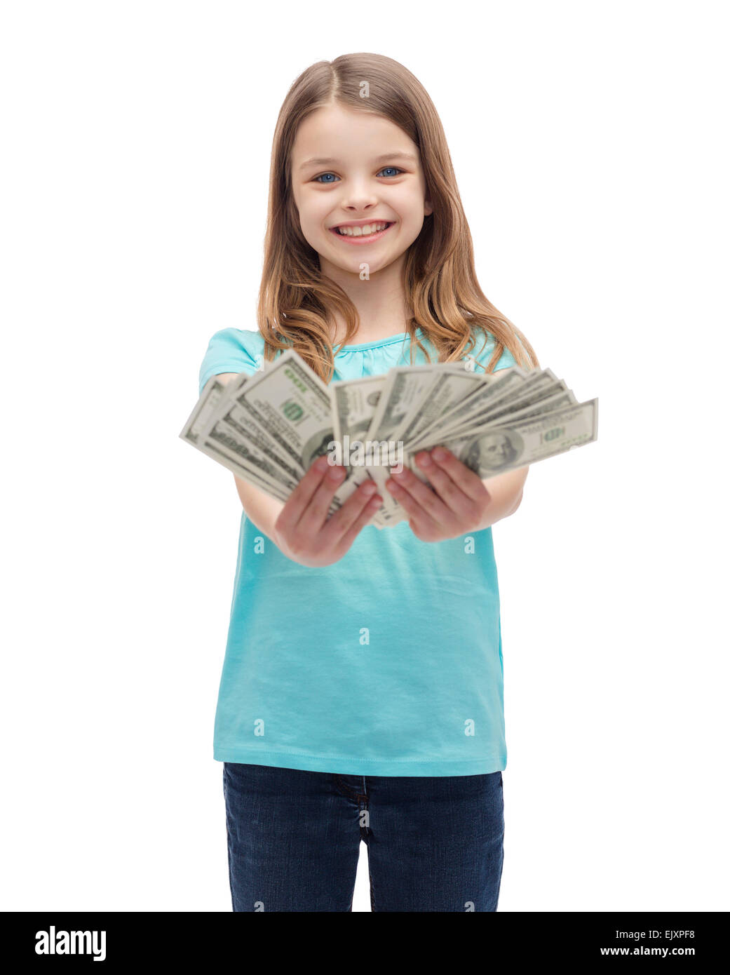 smiling little girl giving dollar cash money Stock Photo - Alamy
