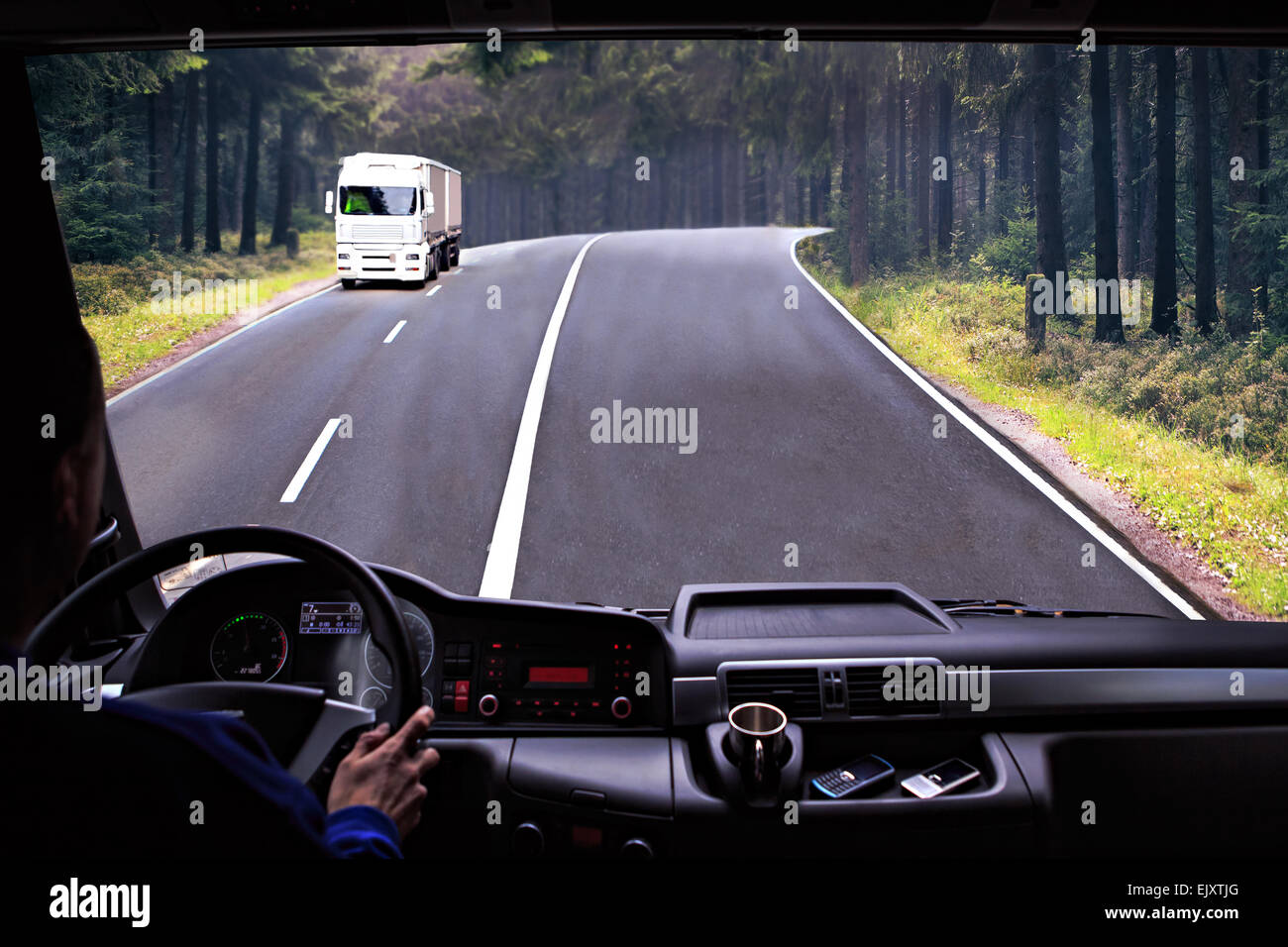 driver view from the cockpit of a truck on the road Stock Photo - Alamy