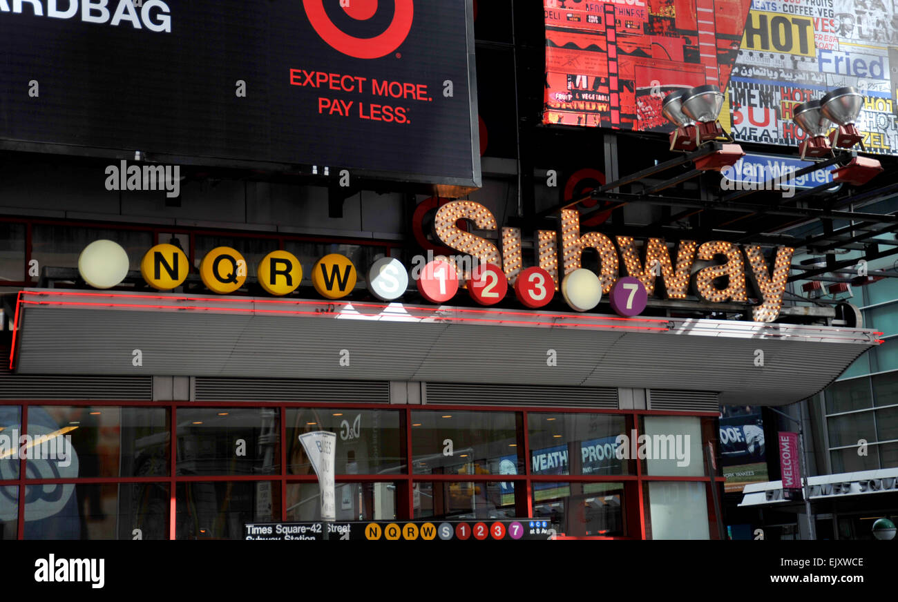 New York City subway entrance in Times Square for the N, Q, R, W, 1, 2 ...