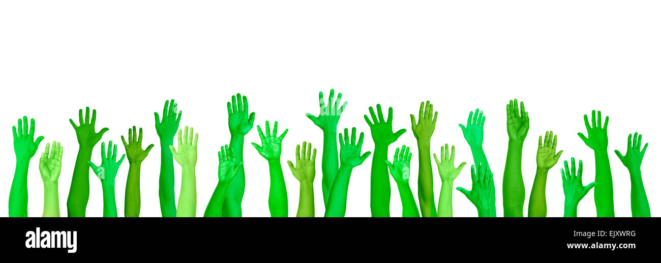 Green Environmental Conscious Hands Raised Stock Photo - Alamy