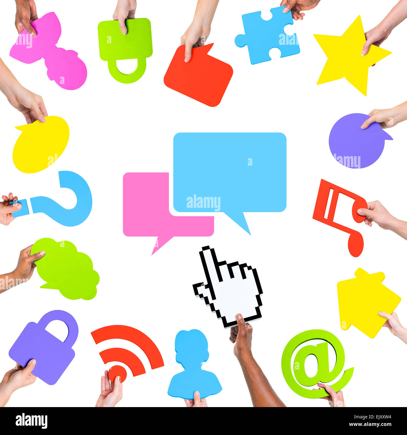 Hands Holding Social Networking Concept Symbols and Speech Bubble Stock ...