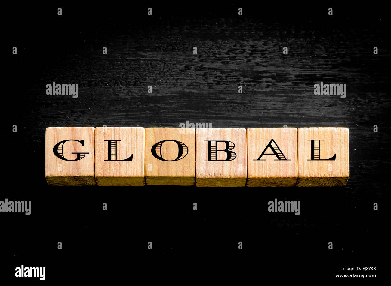 Word Global. Wooden small cubes with letters isolated on black ...
