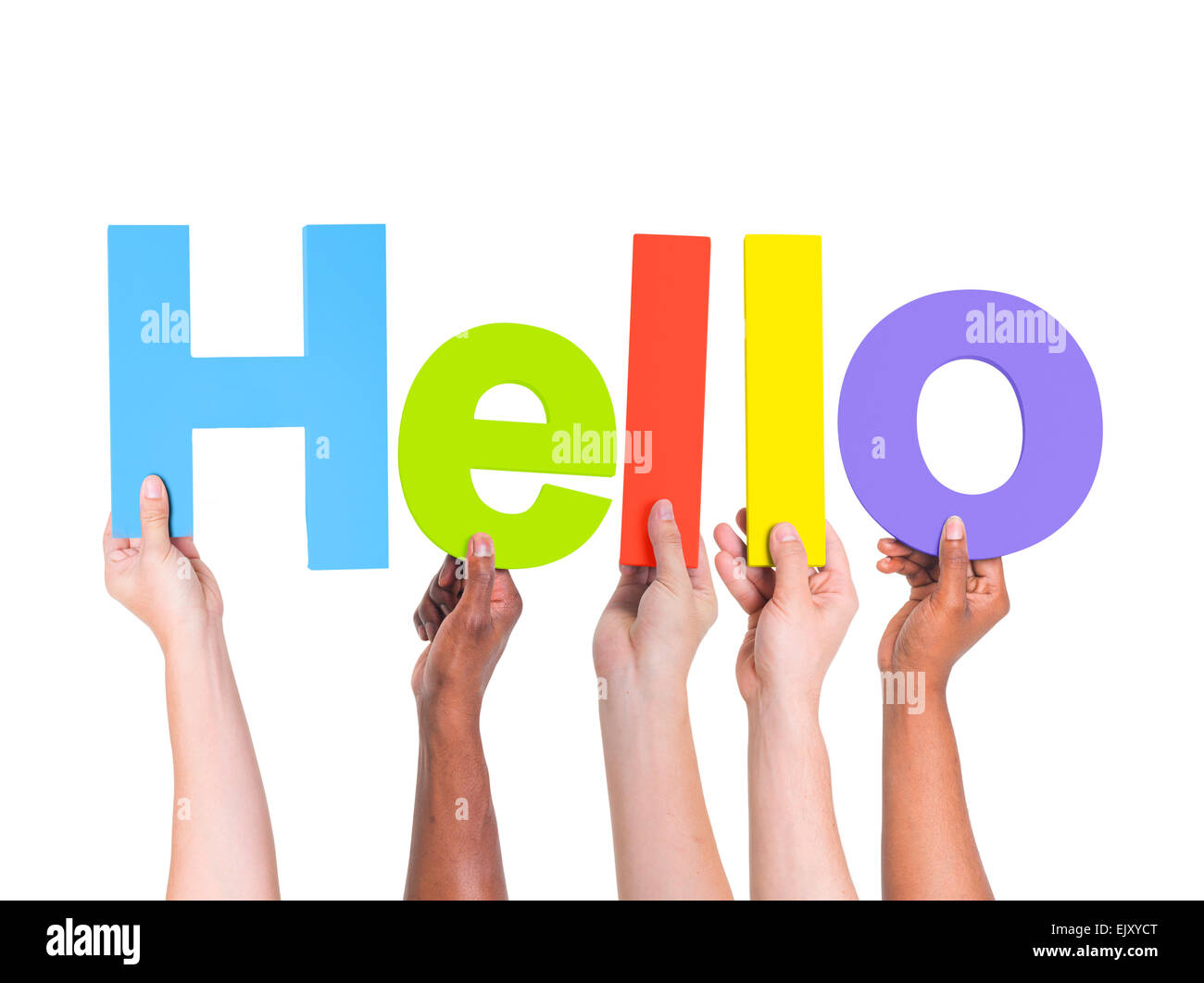 Group of Multiethnic Hands Holding Hello Stock Photo - Alamy