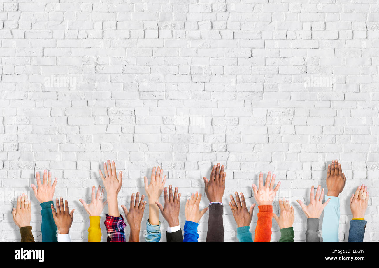 Group of Multiethnic Diverse Hands Raised Stock Photo - Alamy