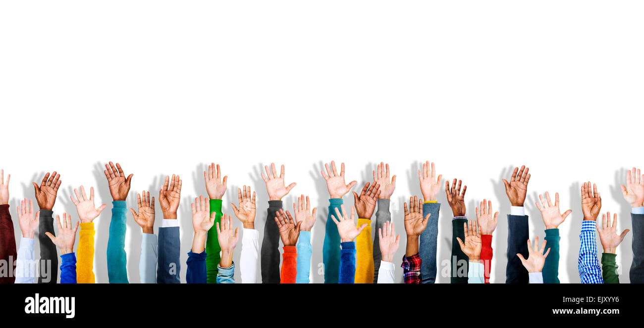 Group of Multiethnic Diverse Hands Raised Stock Photo - Alamy