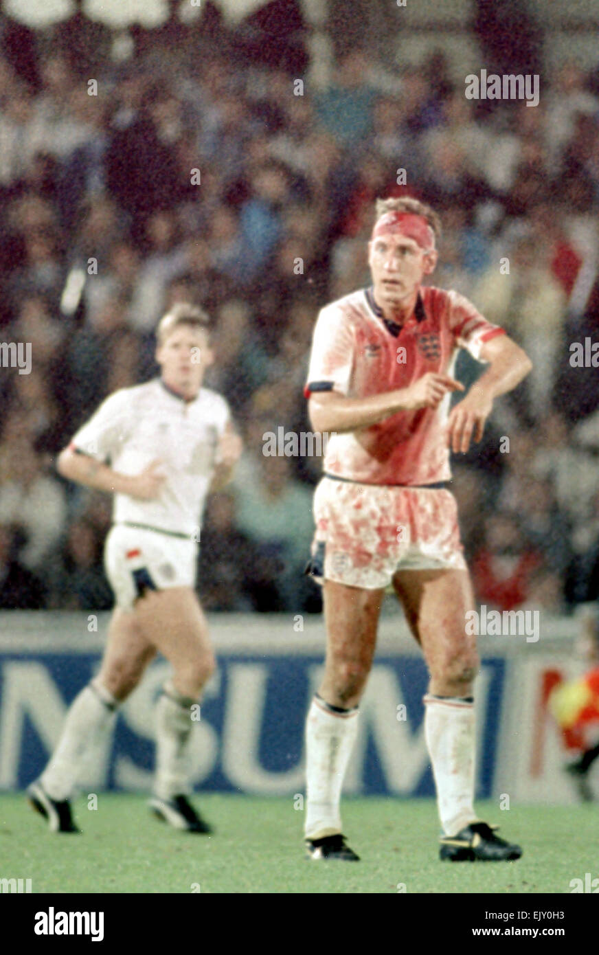 6 September 1989, Sweden v England. Terry Butcher indicates to the ...