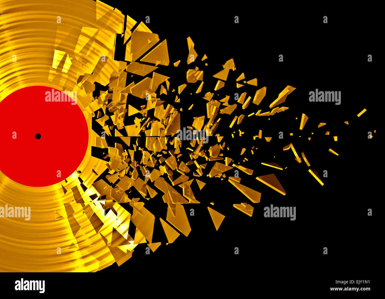 3D render of shattering gold vinyl record Stock Photo - Alamy
