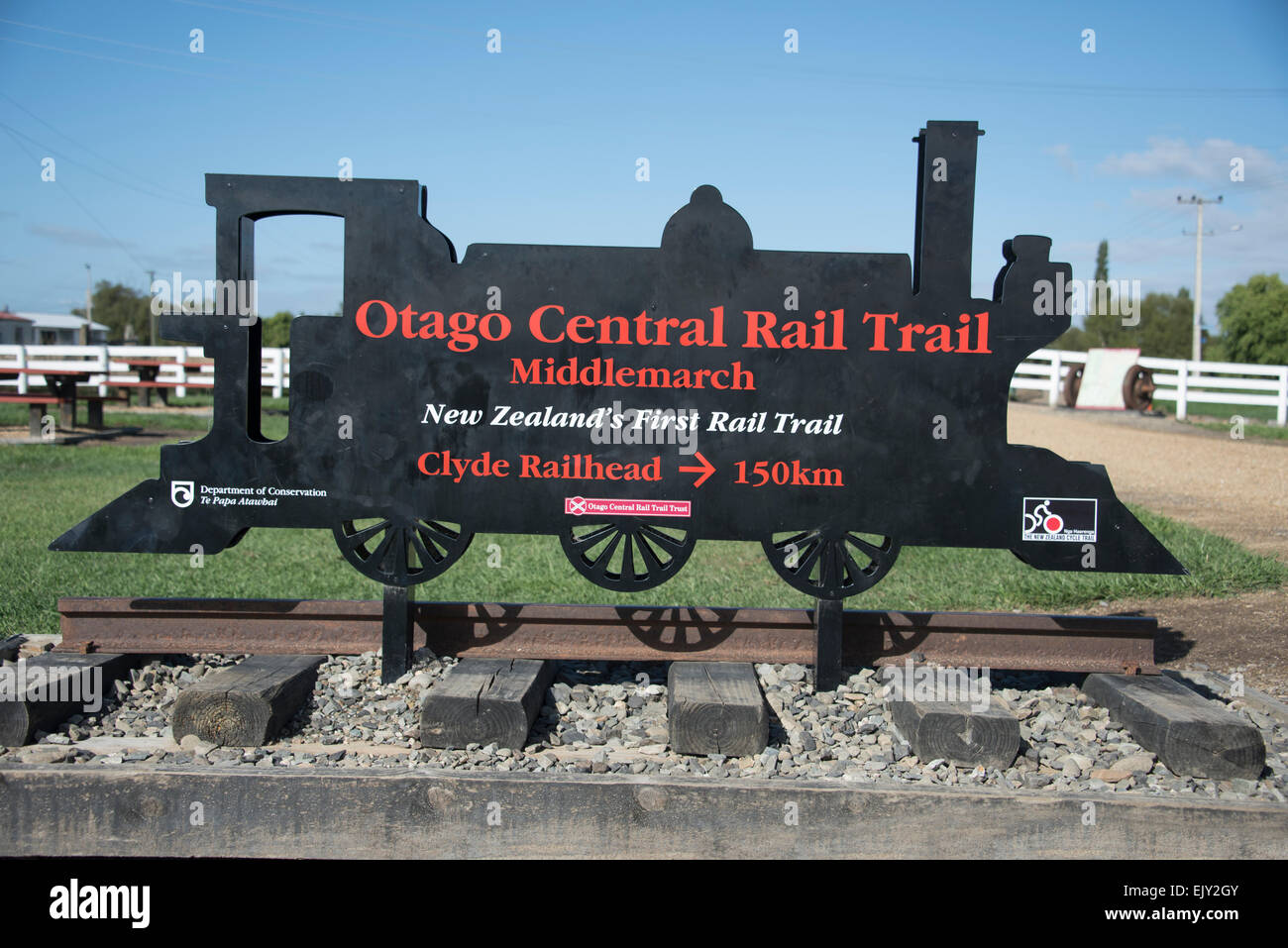 Sign marking Otago central rail trail at Middlemarch, south island, New ...