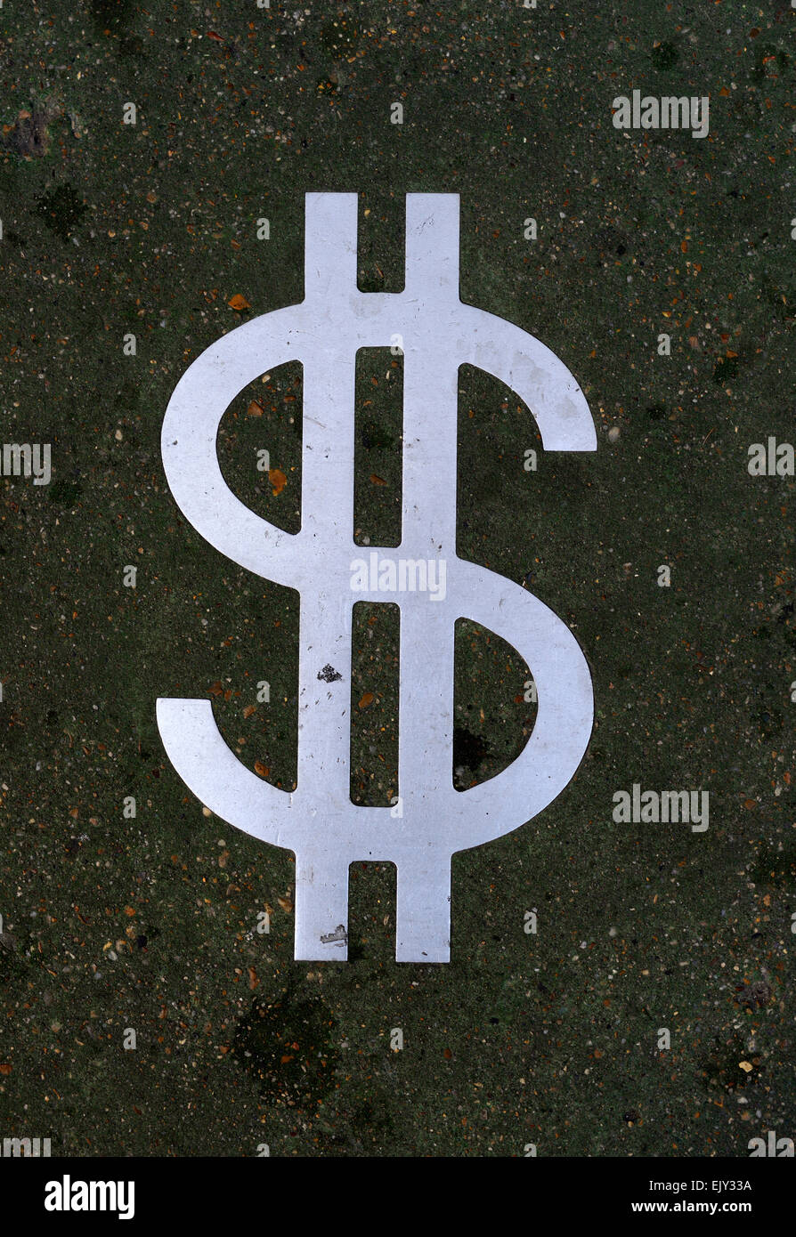 metal dollar sign symbol sidewalk outside bank money cash wealth RM USA ...