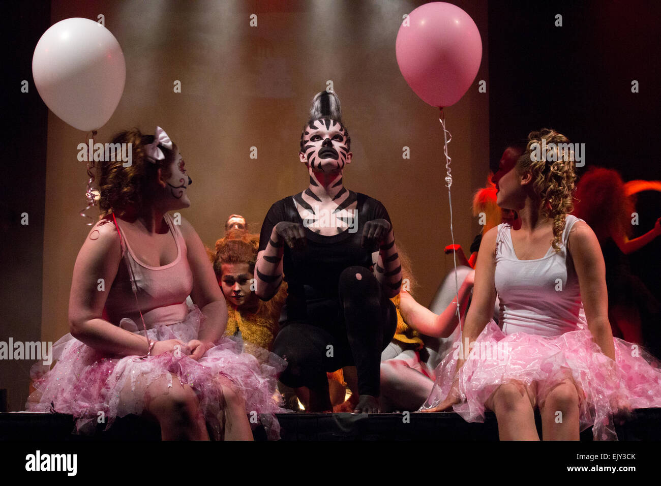 Theatrical performers in various costumes posed on a stage for a ...