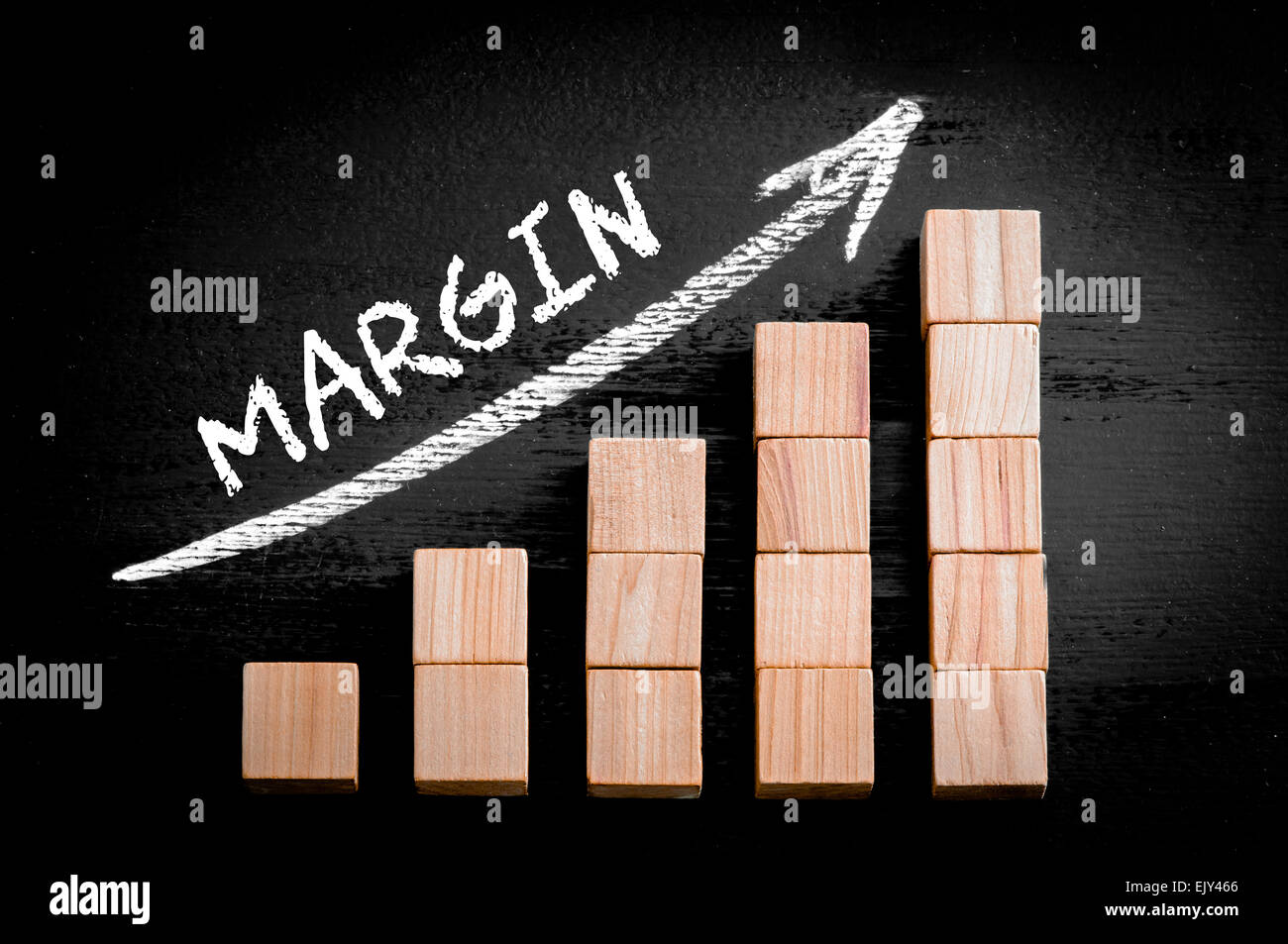 Word Margin on ascending arrow above bar graph of Wooden small cubes ...
