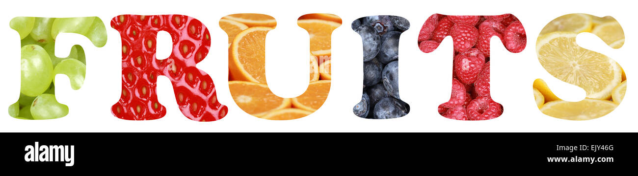 The word fruits with apple, grapes, orange, lemon and strawberry fruit ...