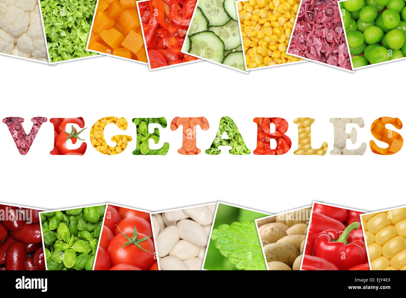 The word Vegetables with tomatoes, paprika, lettuce, potatoes, beans ...