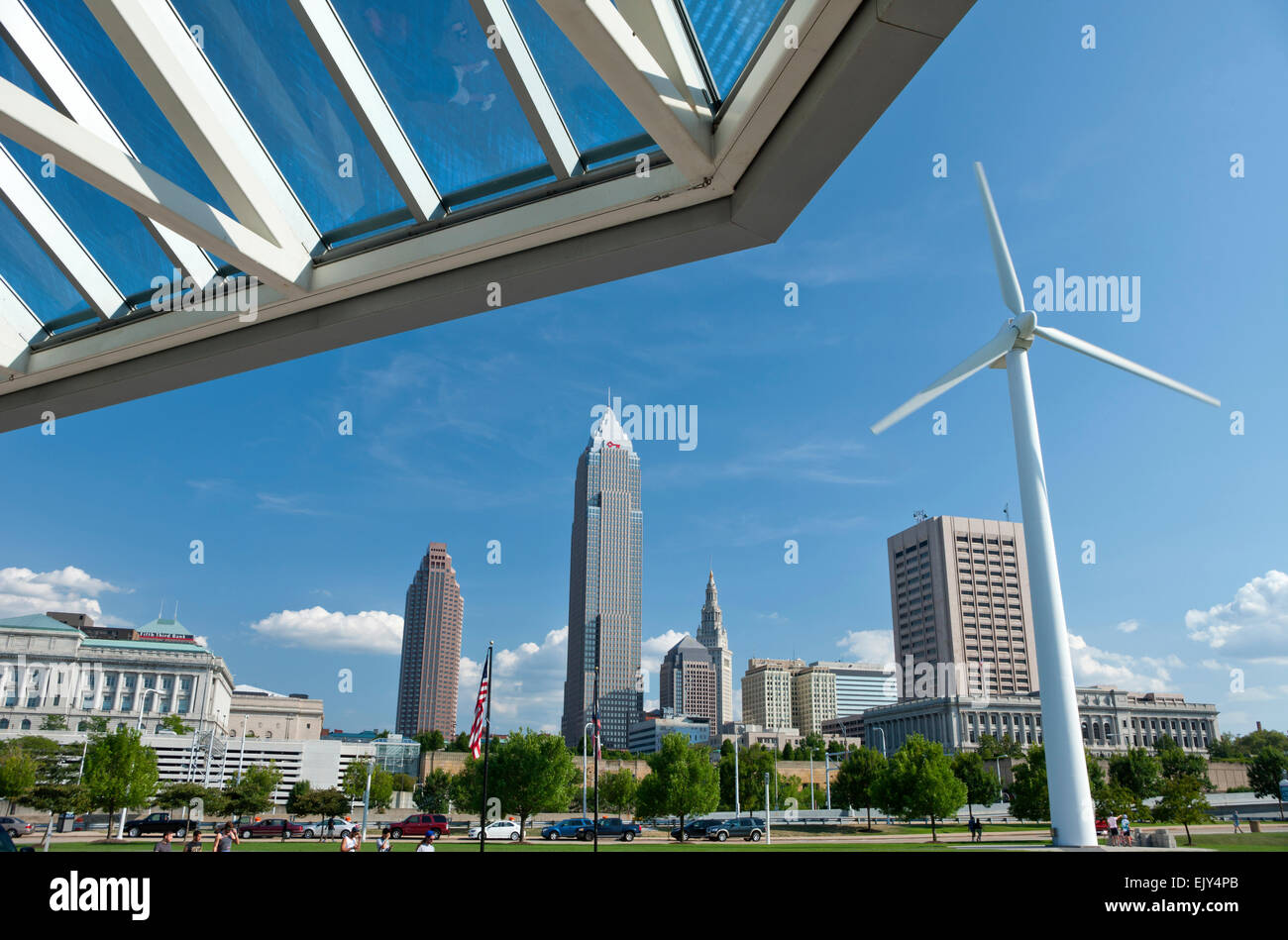 WIND TURBINE AT GREAT LAKES SCIENCE CENTER DOWNTOWN SKYLINE CLEVELAND ...