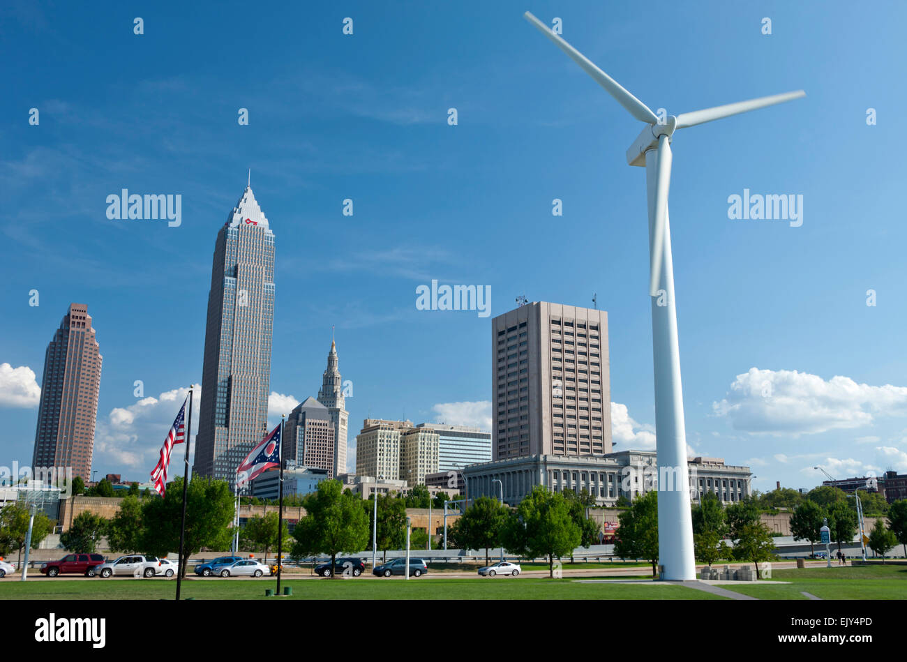WIND TURBINE AT GREAT LAKES SCIENCE CENTER DOWNTOWN SKYLINE CLEVELAND ...