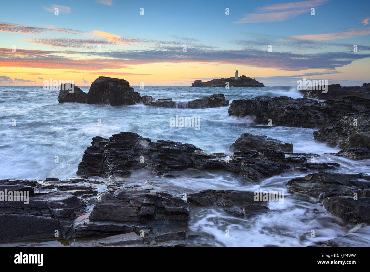 The lighthouse at Godrevy on the eastern side of St Ives Bay in ...