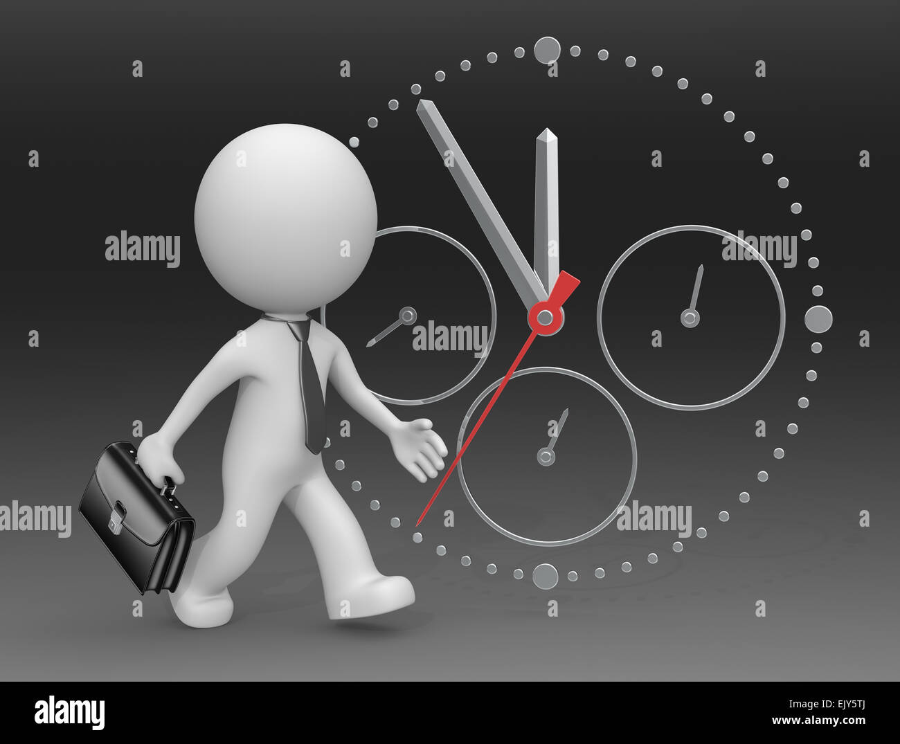 The dude 3D character businessman rushing. Clock on black background ...