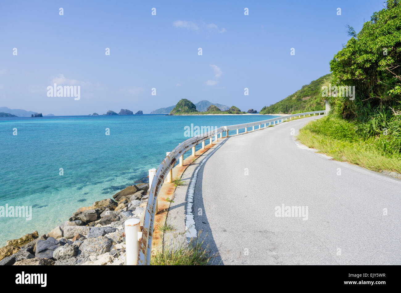 Road running next to the ocean on Zamami Island, Okinawa, Japan Stock ...