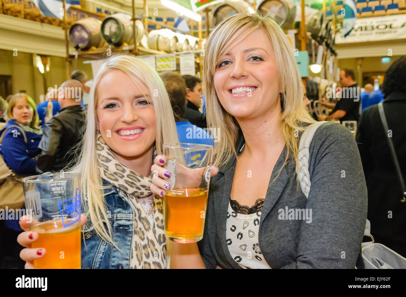 Two young ladies enjoying their pints at a CAMRA real ale festival ...