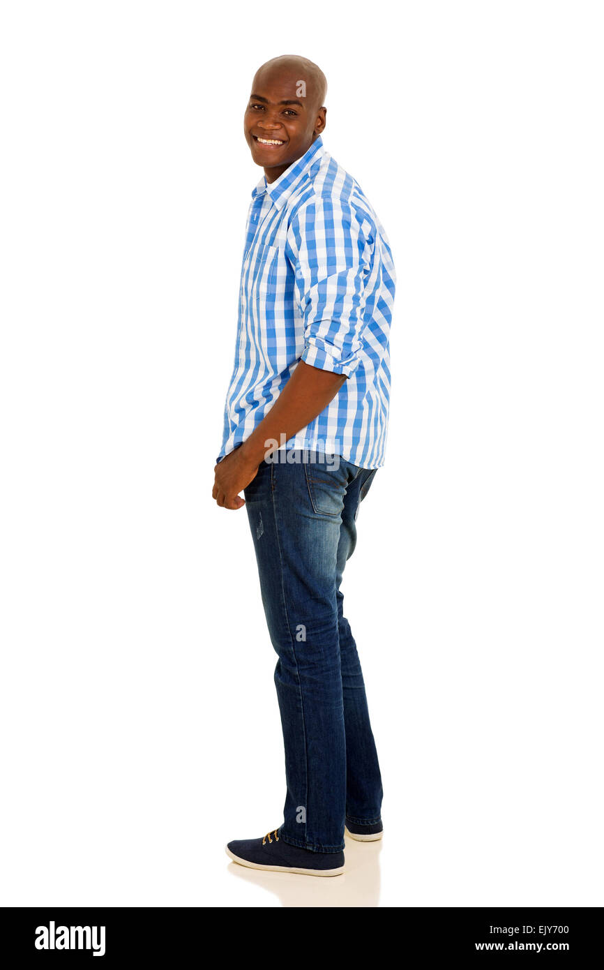 happy african man looking back on white background Stock Photo - Alamy