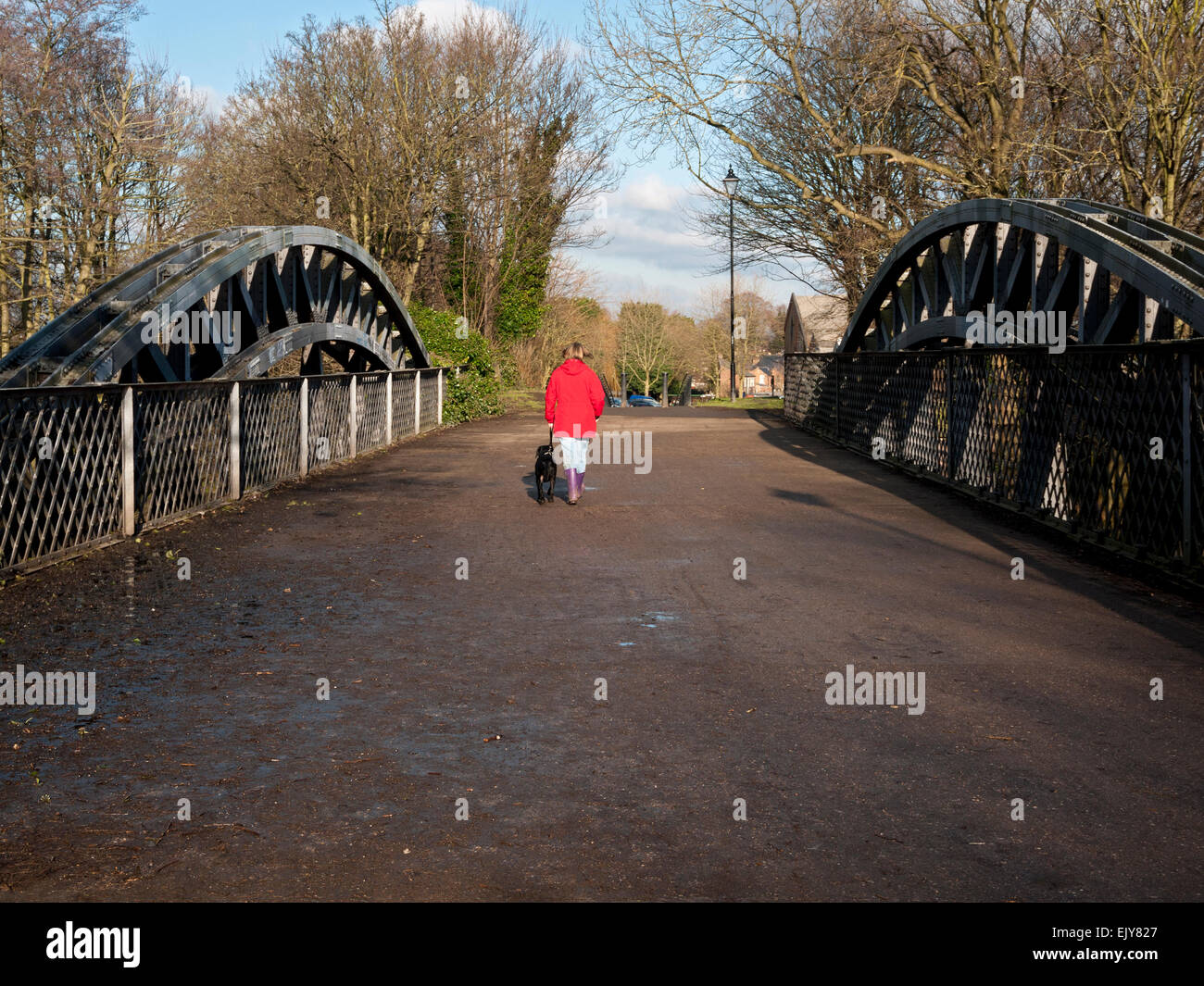 Woman with a dog on Handyside Bridge, Darley playing fields, Derby ...