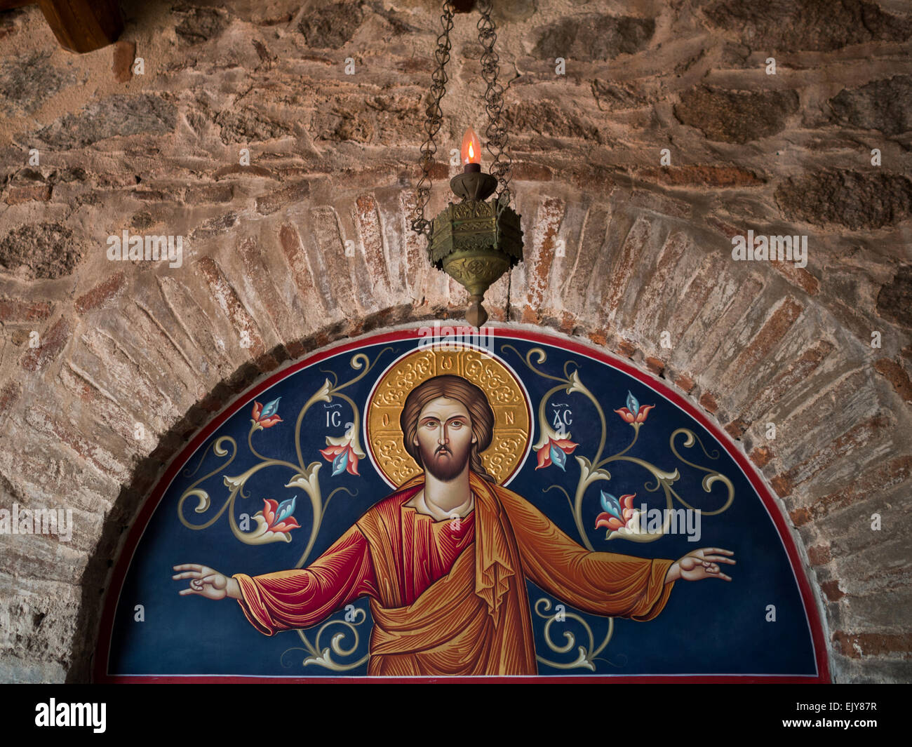 Lunette with Christ image fresco over a door at Meteora Monastery Moni ...