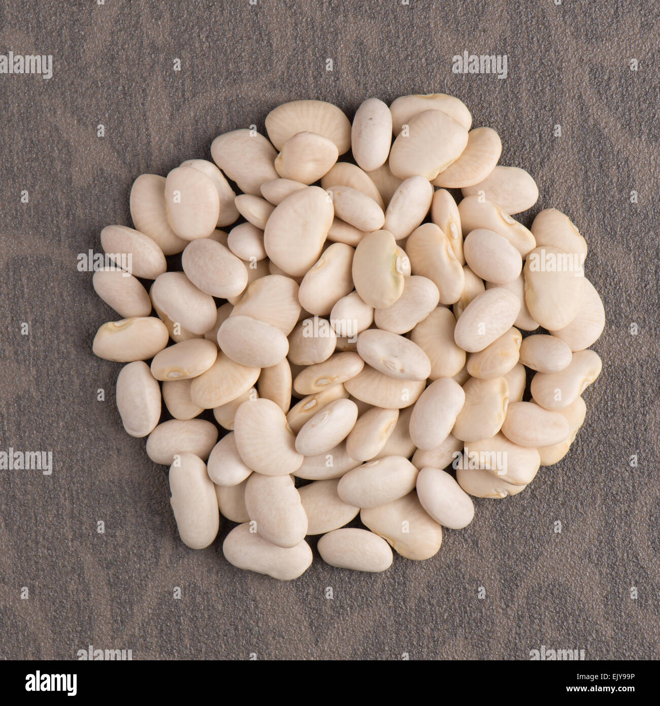 Top view of circle of white beans against brown vinyl background Stock ...
