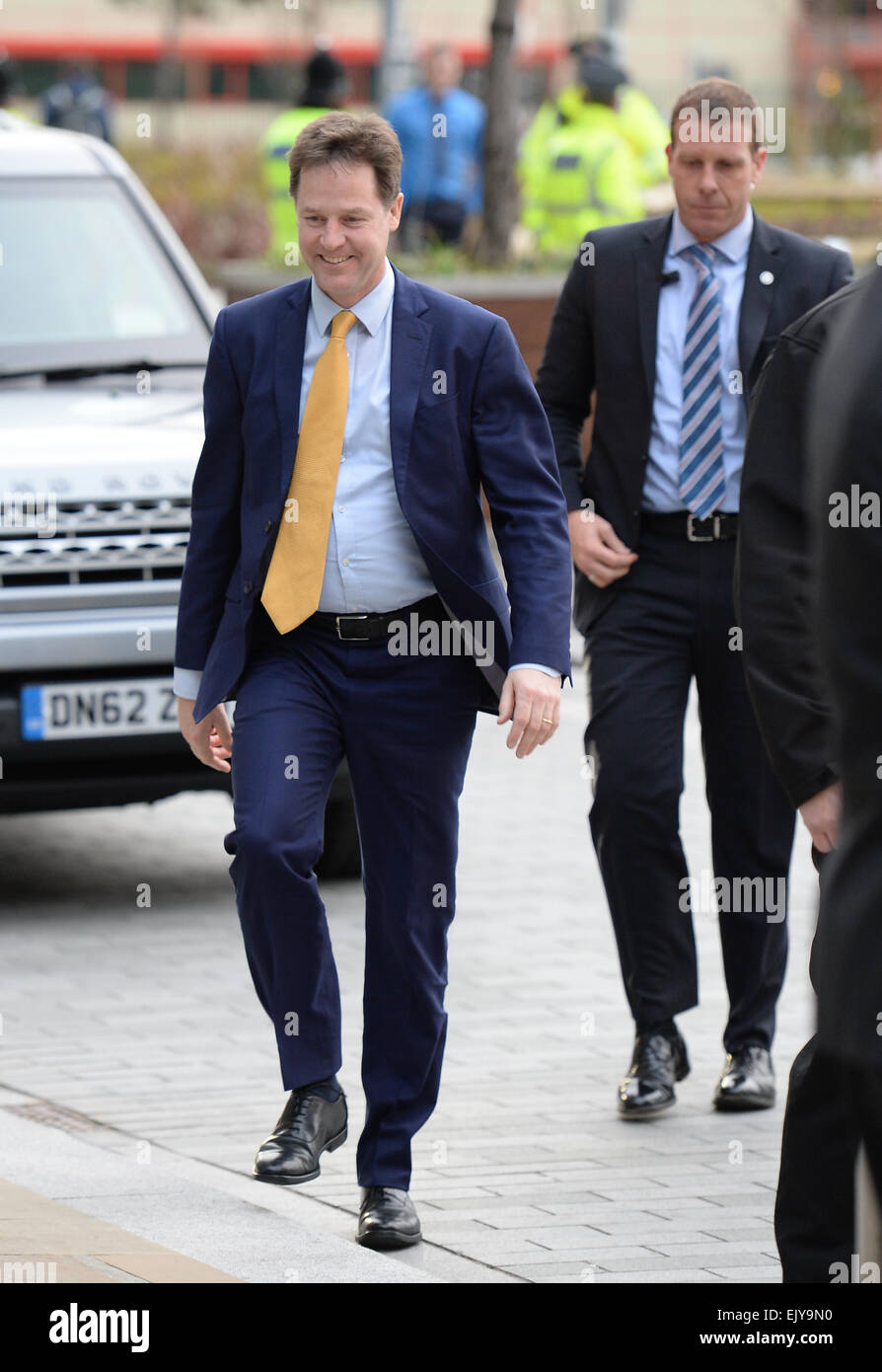 Manchester, UK. 2nd April, 2015. Nick Clegg arrives at Dock 10 Studio ...