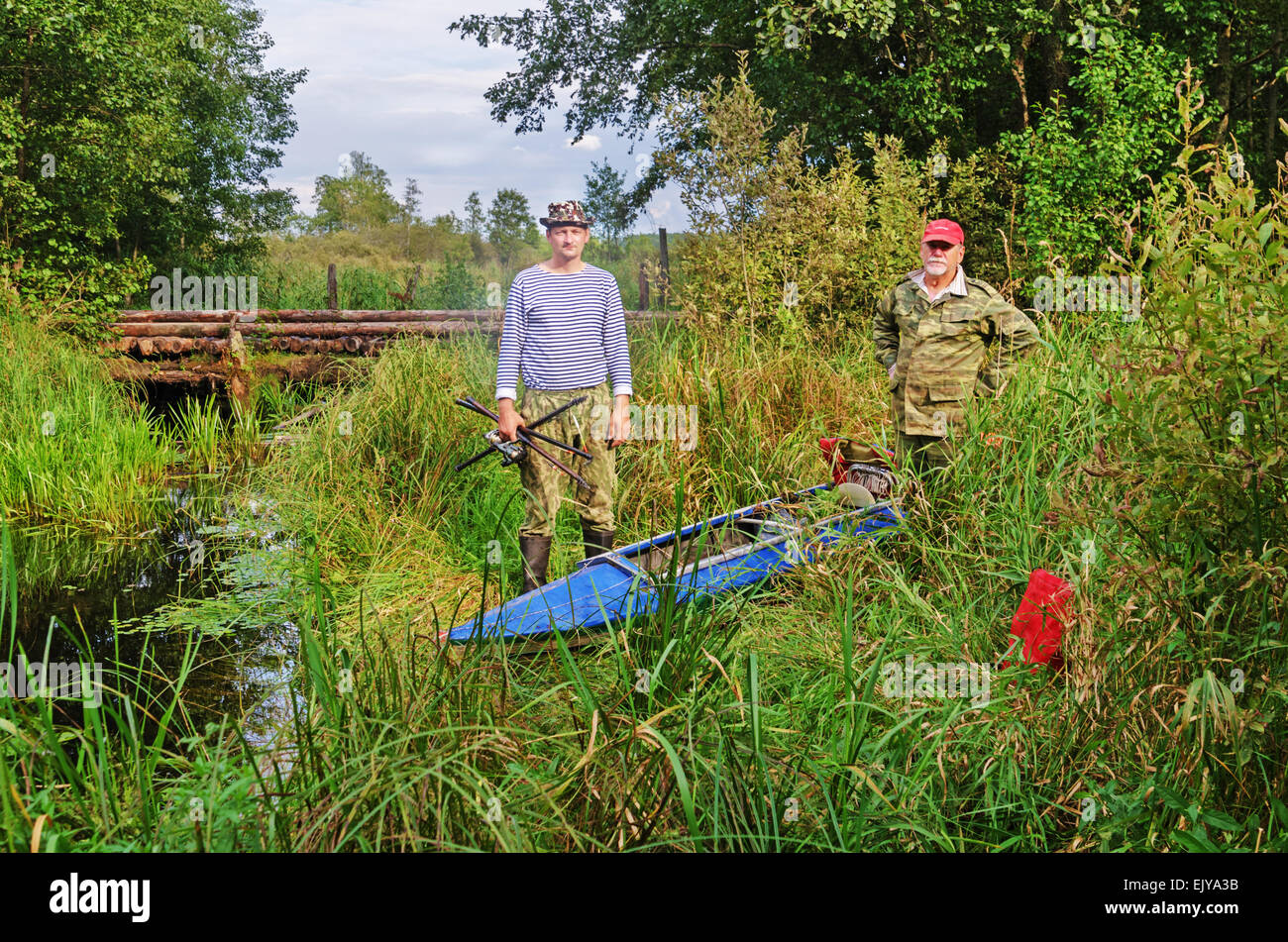 Forest river, canoe travel and fishing Stock Photo - Alamy