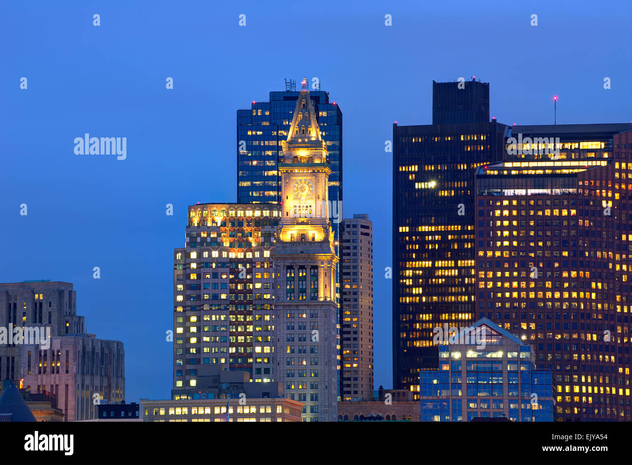 Boston skyline at sunset Custom tower Clock tower in Massachusetts USA ...