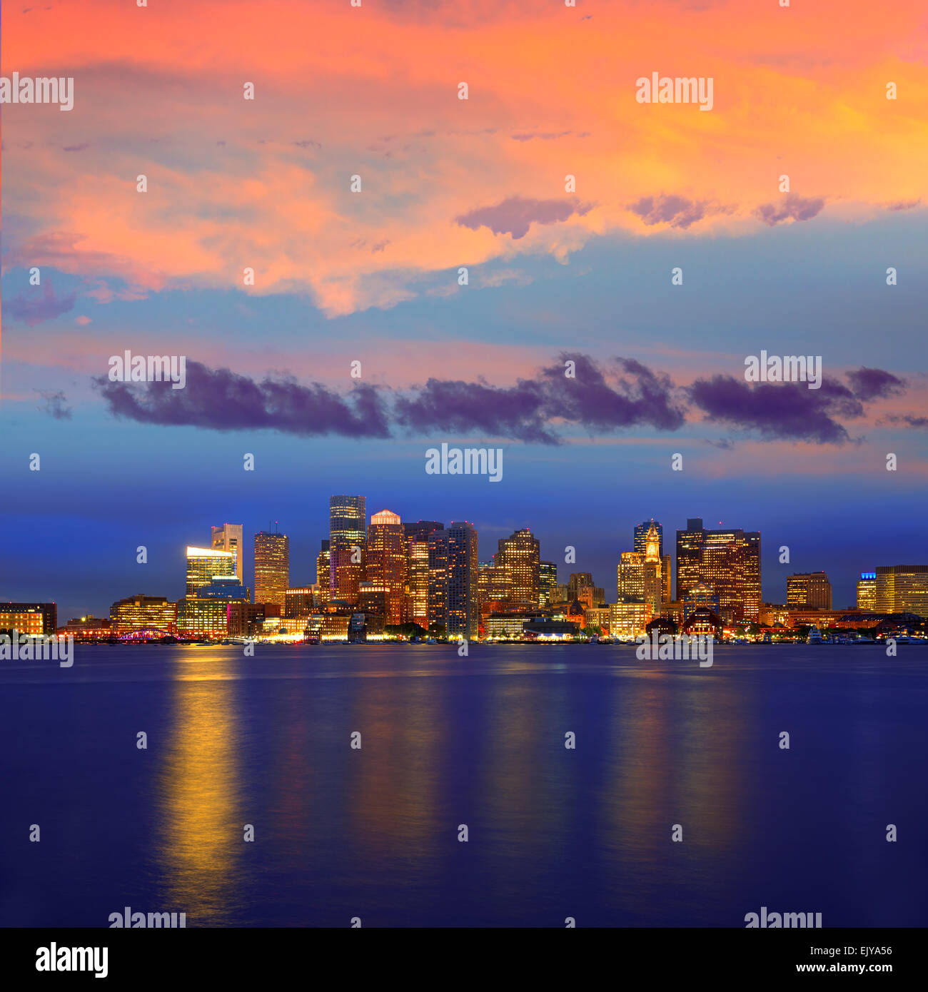 Boston skyline at sunset and river reflection in Massachusetts USA ...