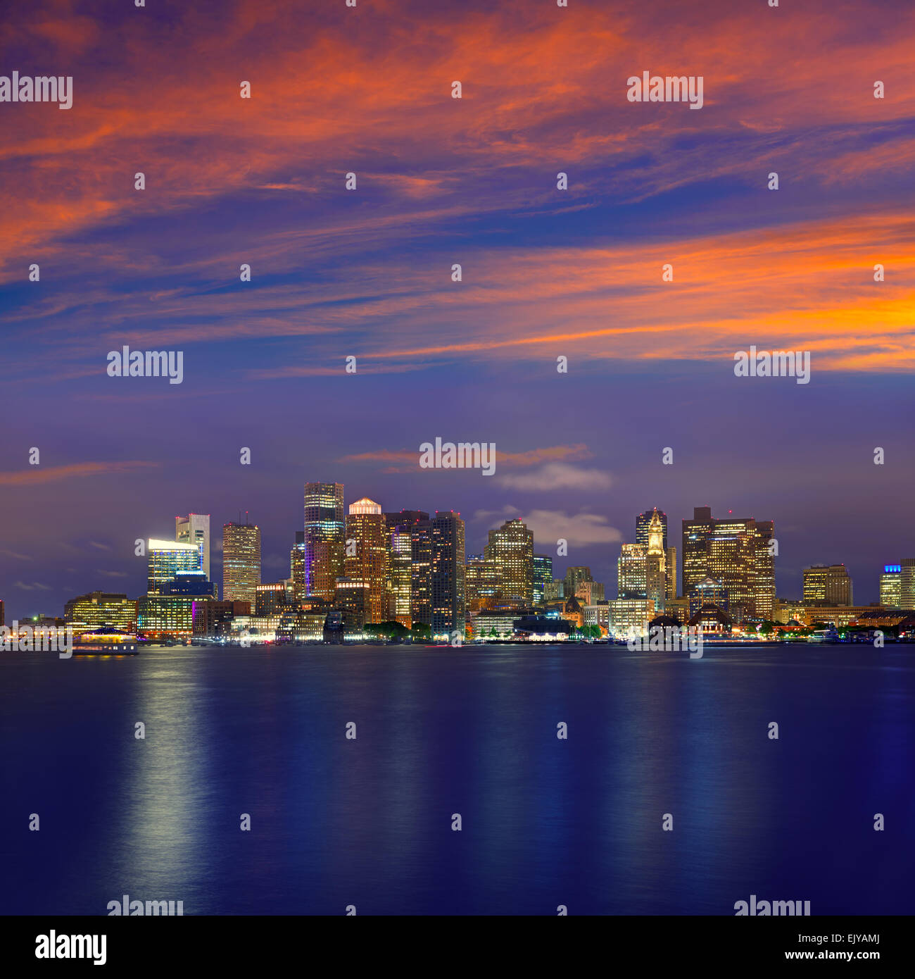 Boston skyline at sunset and river reflection in Massachusetts USA ...