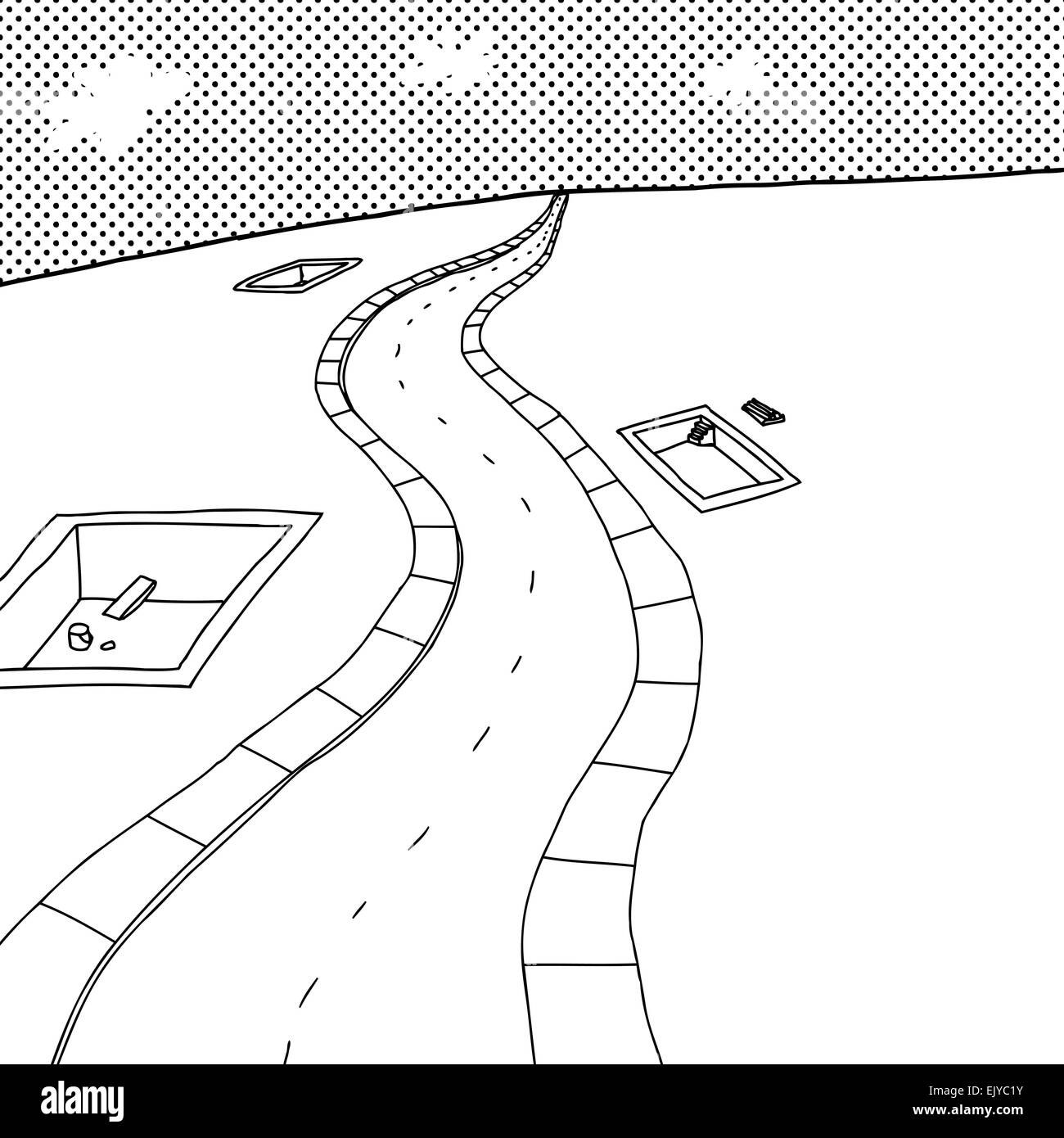 Outlined cartoon scene with concrete housing foundations Stock Photo ...