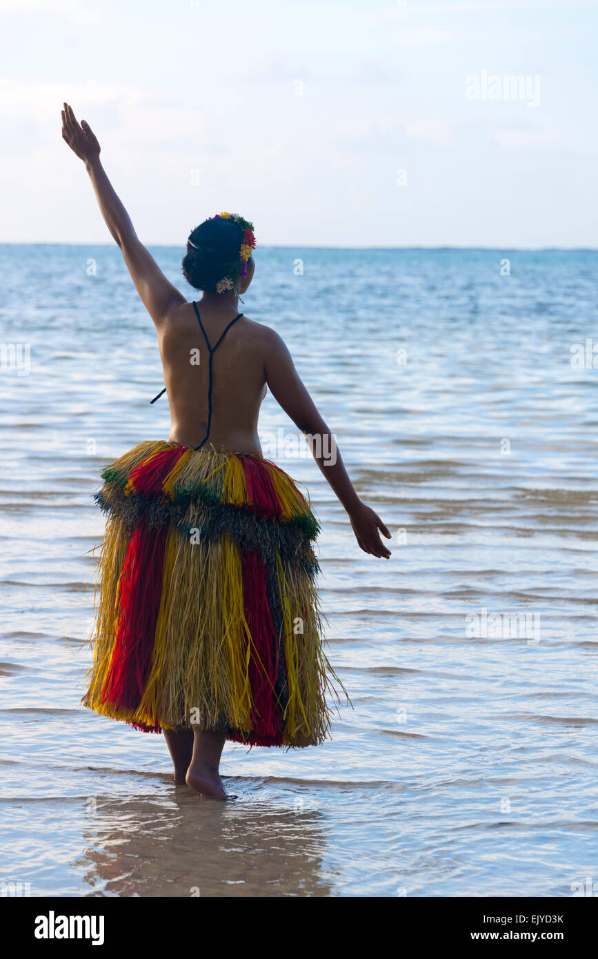 Yapese girl in grass skirt on the beach, Yap Island, Federated States ...