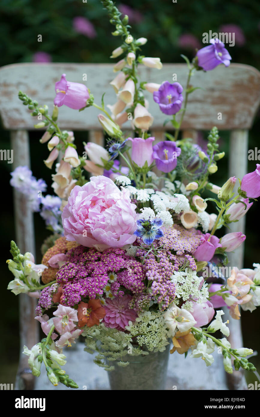 Summer bouquet with achillea (yarrow), campanula, dahlia, feverfew ...