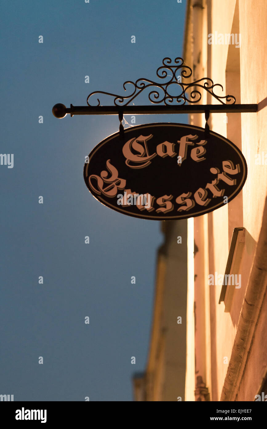 Outdoor cafe sign in evening light, Paris, France Stock Photo - Alamy