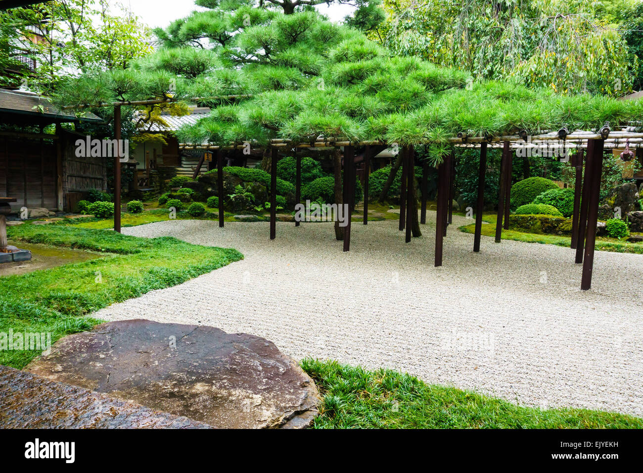 View of a traditional Japanese garden with raked gravel and sacred ...