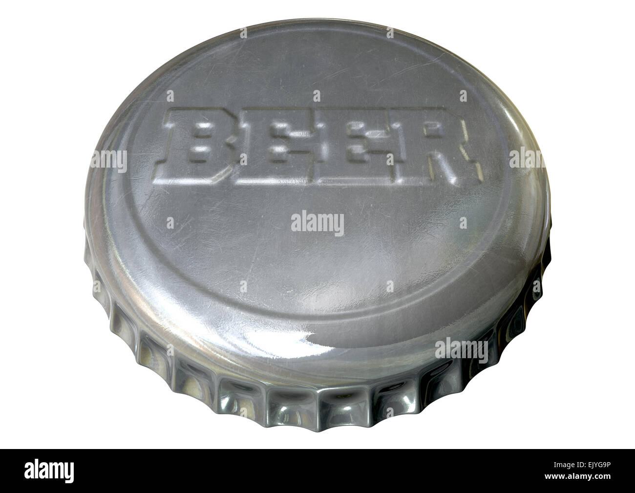 A silver beer bottle cap with the word beer embossed on it on an ...